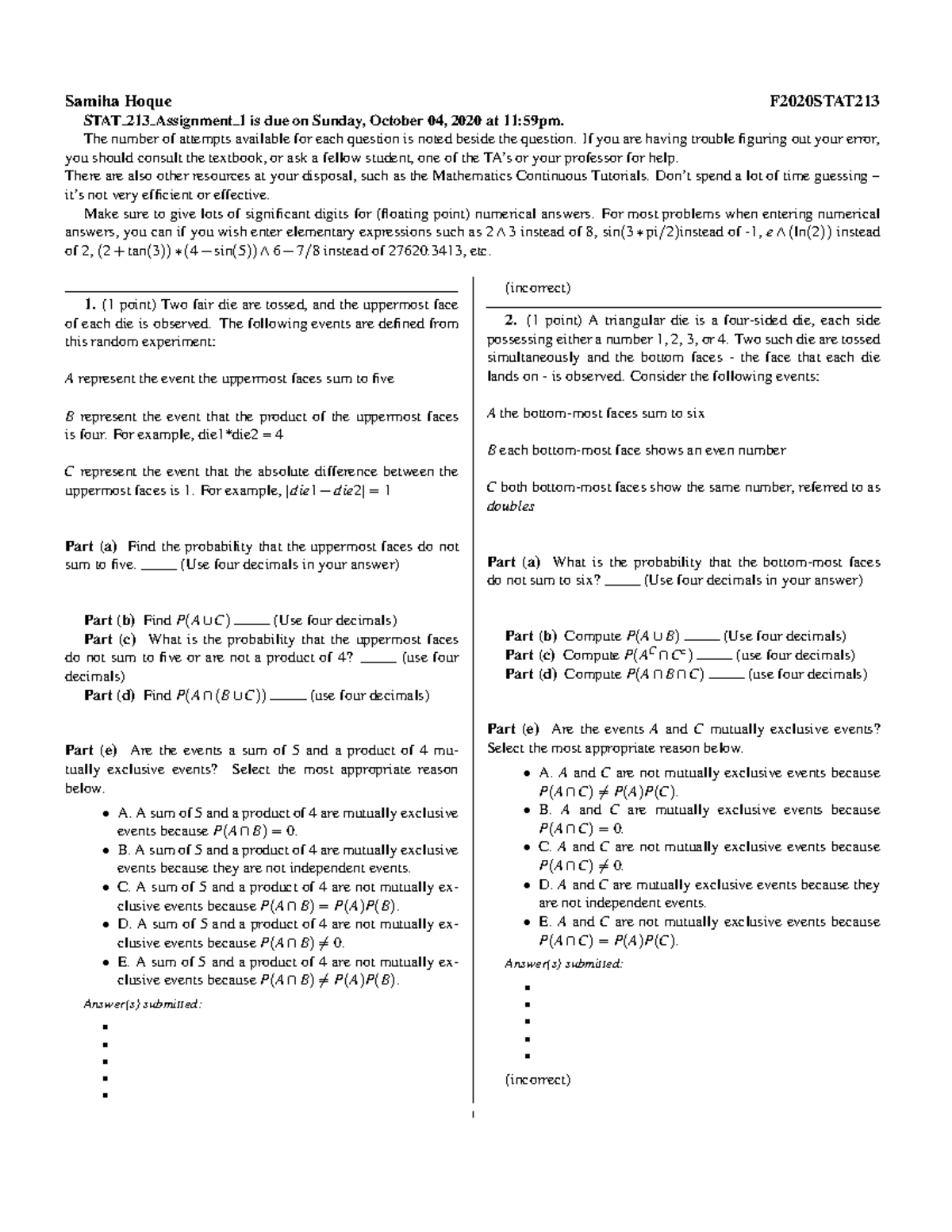 STAT 213 Web Work Assignment 1 Revised - Samiha Hoque F2020STAT STAT 213 Assignment1 is due on ...