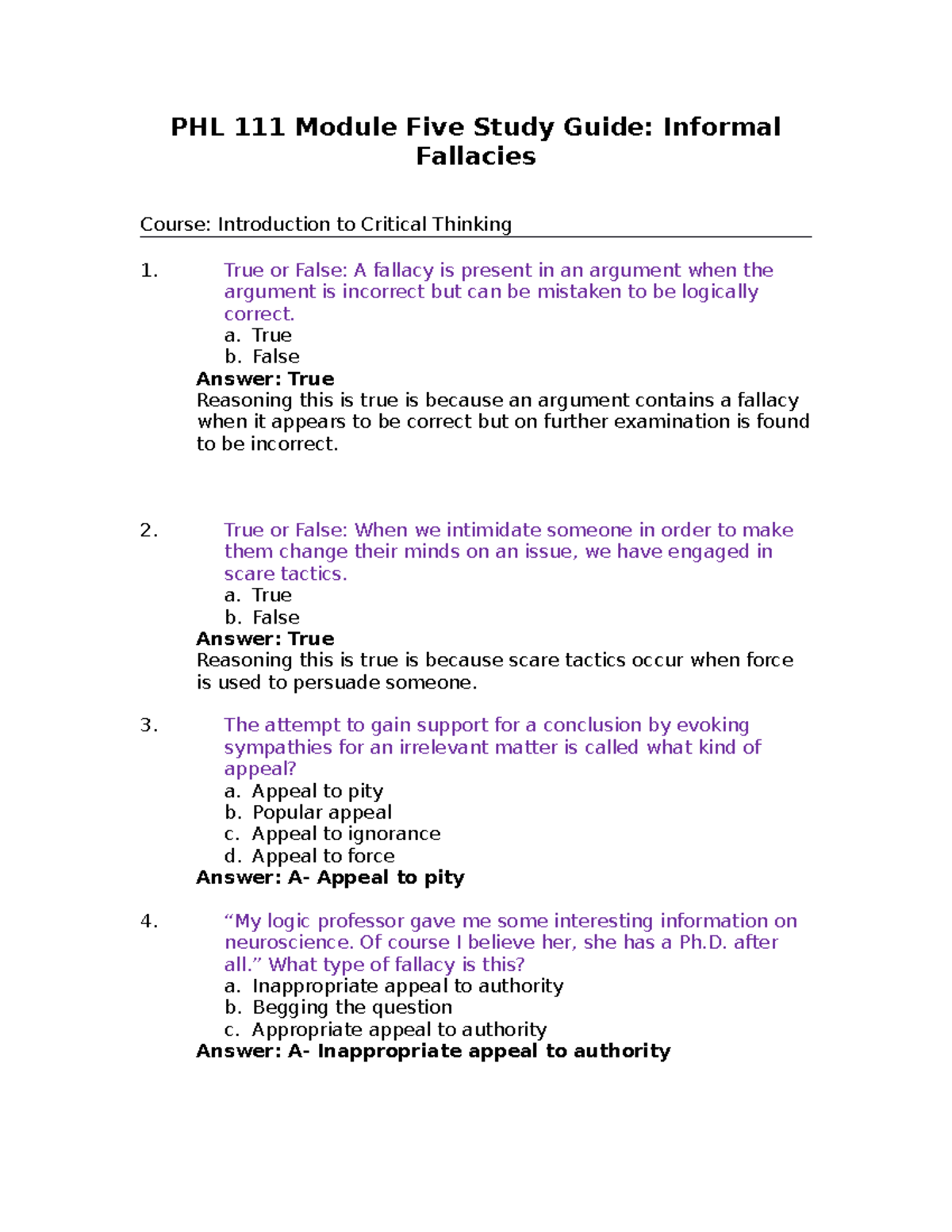 PHL 111 Chapter 5 Study Guide - PHL 111 Module Five Study Guide ...