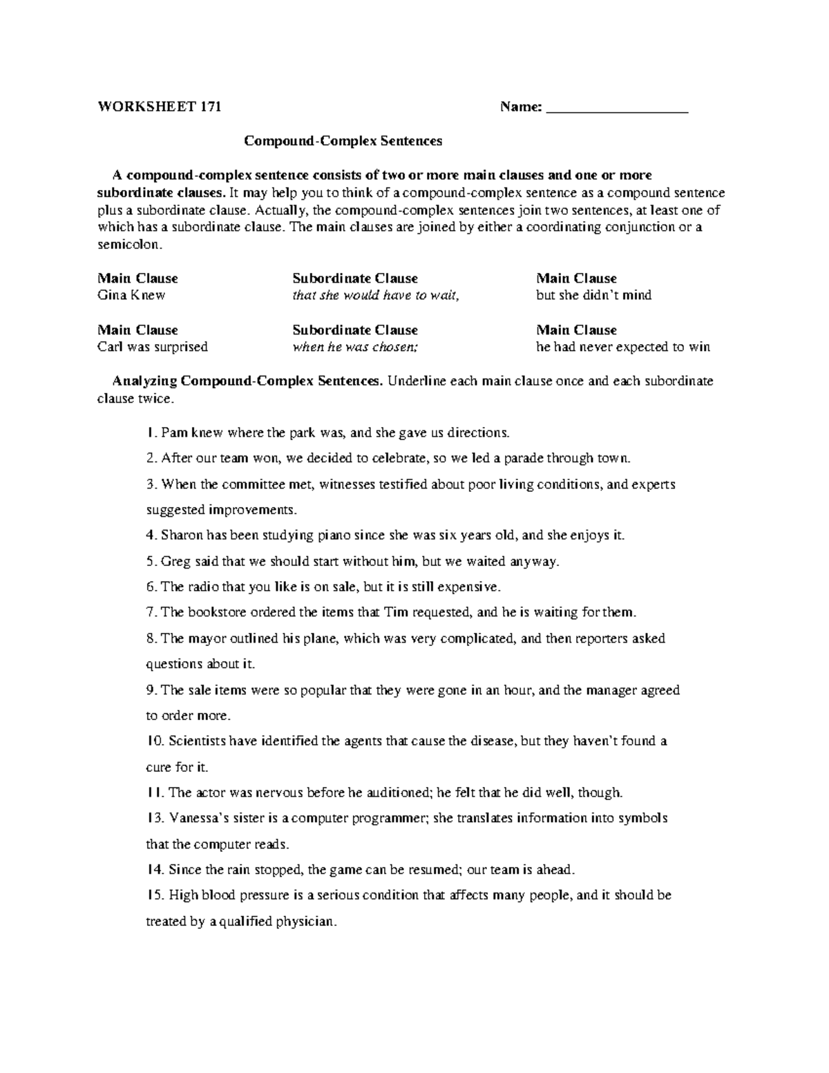 Compound-complex worksheet - WORKSHEET 171 Name: ___________________ Compound-Complex Sentences ...