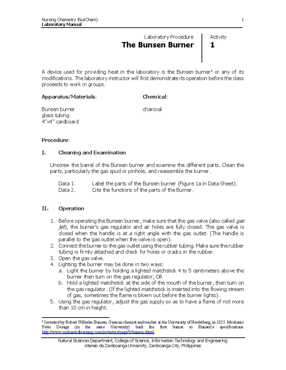 Activity 1 Bunsen Burner - Laboratory Manual Natural Sciences ...
