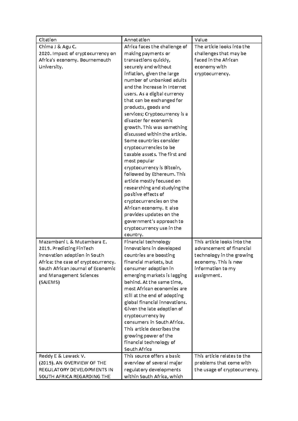 LIOP Annotated Bibliography - Citation Annotation Value Chima J & Agu C ...