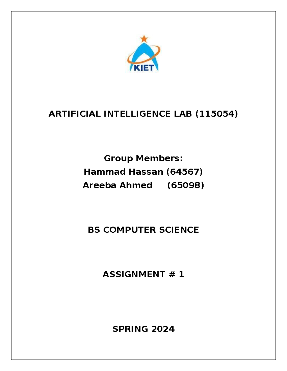 AI Lab Assingment - ARTIFICIAL INTELLIGENCE LAB (115054) Group Members ...
