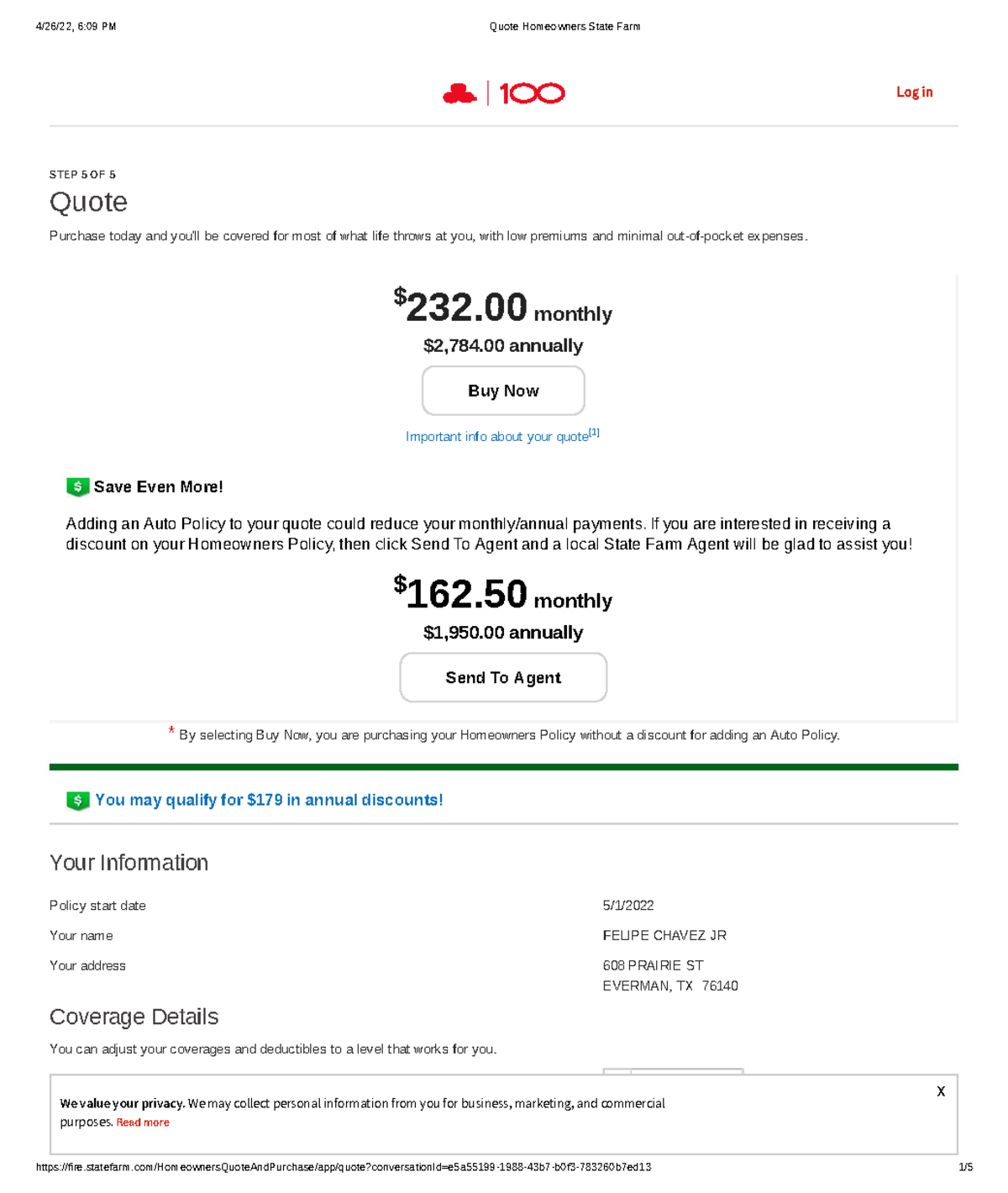 Quote Homeowners State Farm - STEP 5 OF 5 Quote Policy start date 5/1 ...