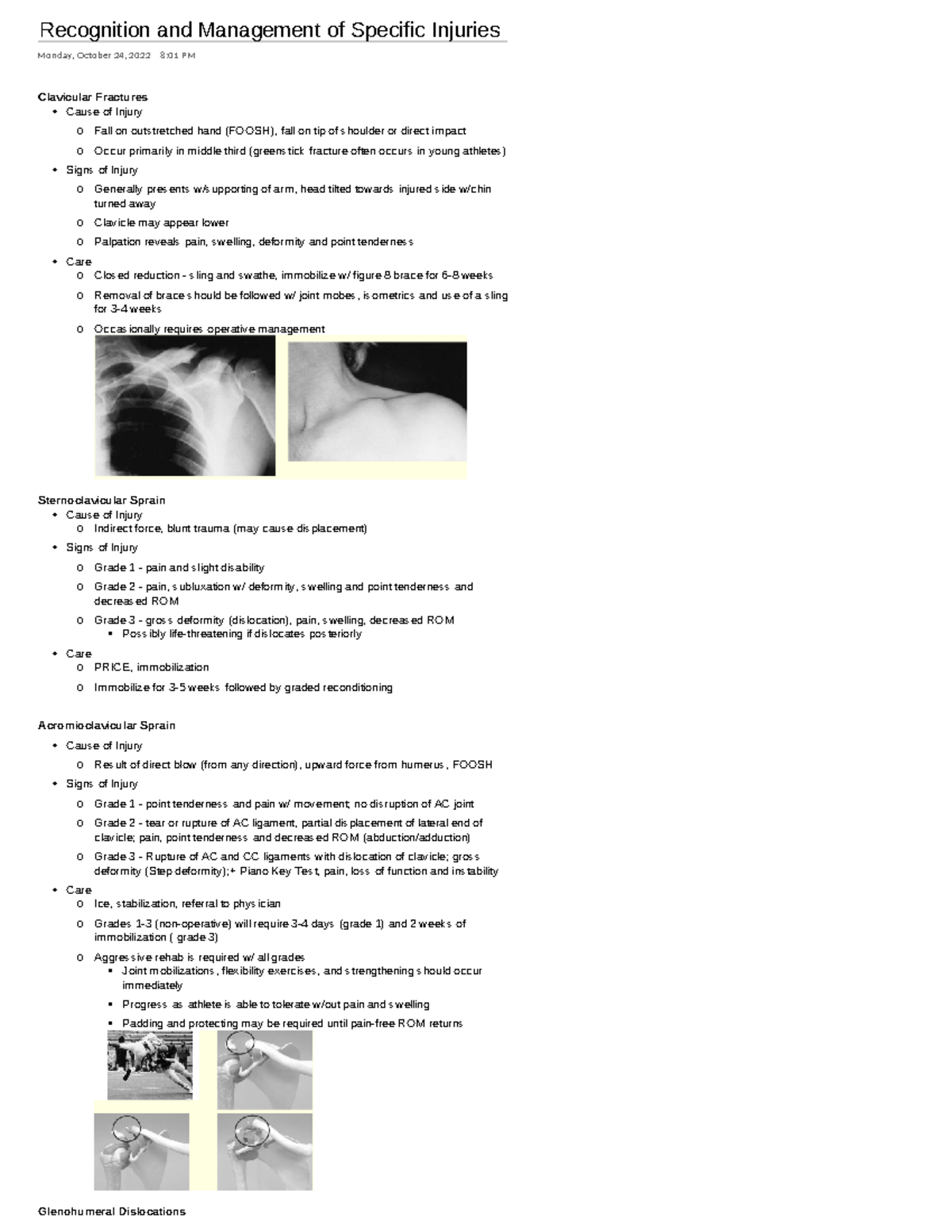 Injuries to the Shoulder - Recognition and Management of Specific ...