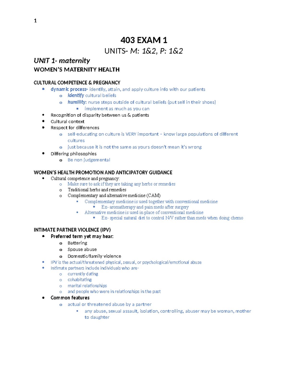 403 EXAM 1 - notes - 403 EXAM 1 UNITS- M: 1&2, P: 1& UNIT 1- maternity ...
