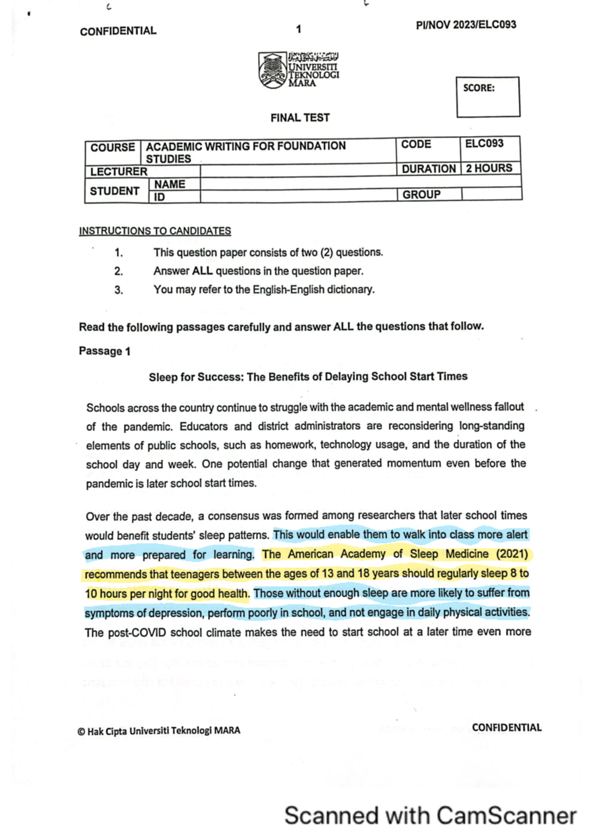 ELC093 Final TEST November 2023 Question Paper - Academic Writing for ...