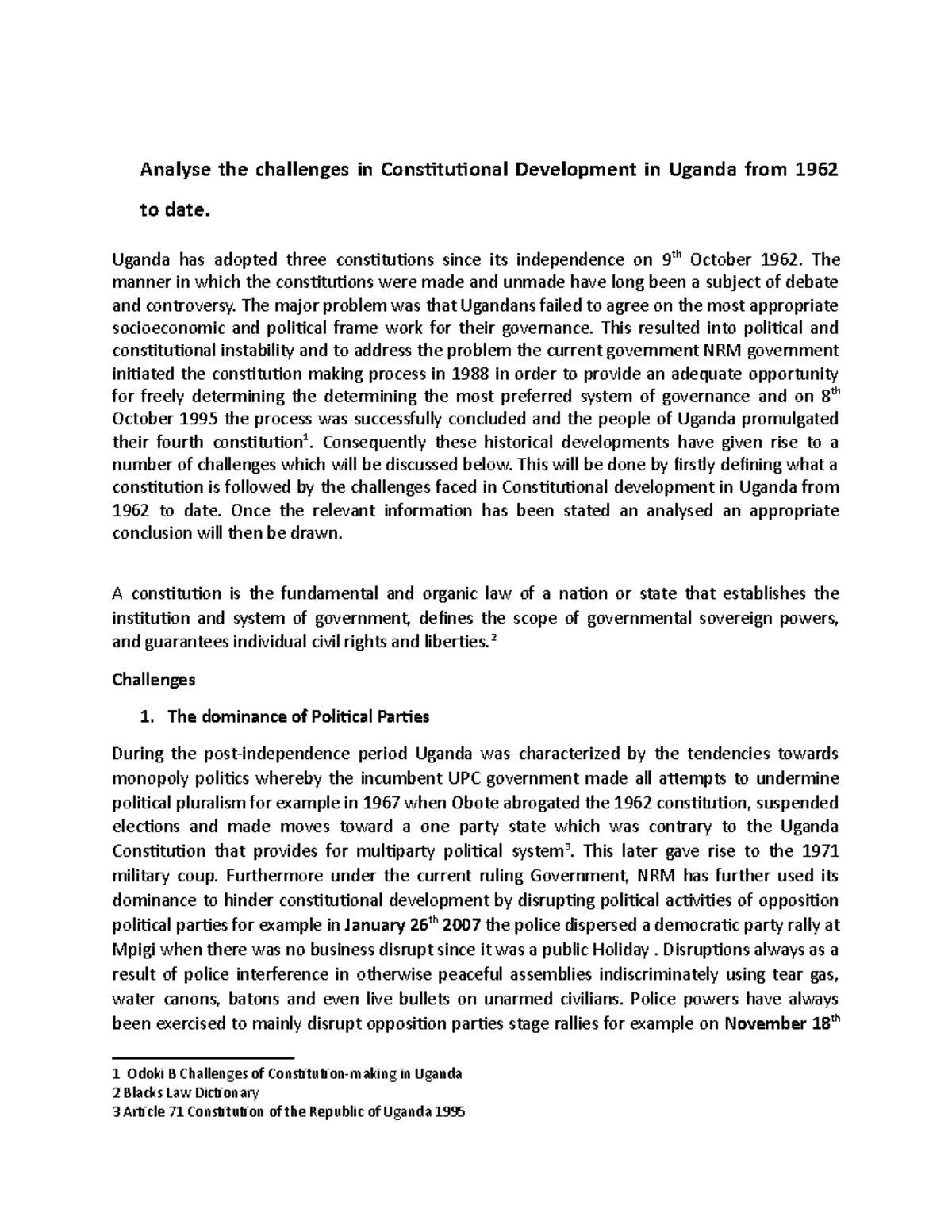 Analyse the challenges in Constitutional Development in Uganda from ...