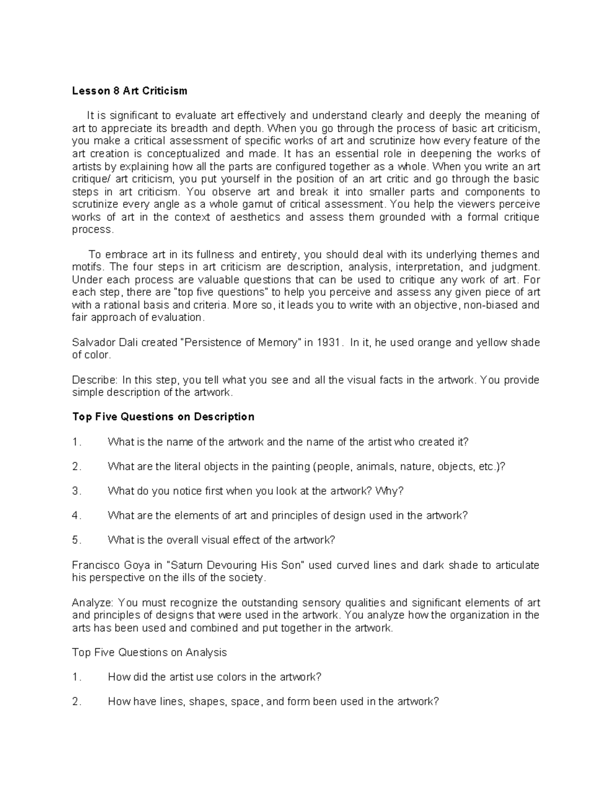 Lesson 8 Art Criticism - Lesson 8 Art Criticism It is significant to ...