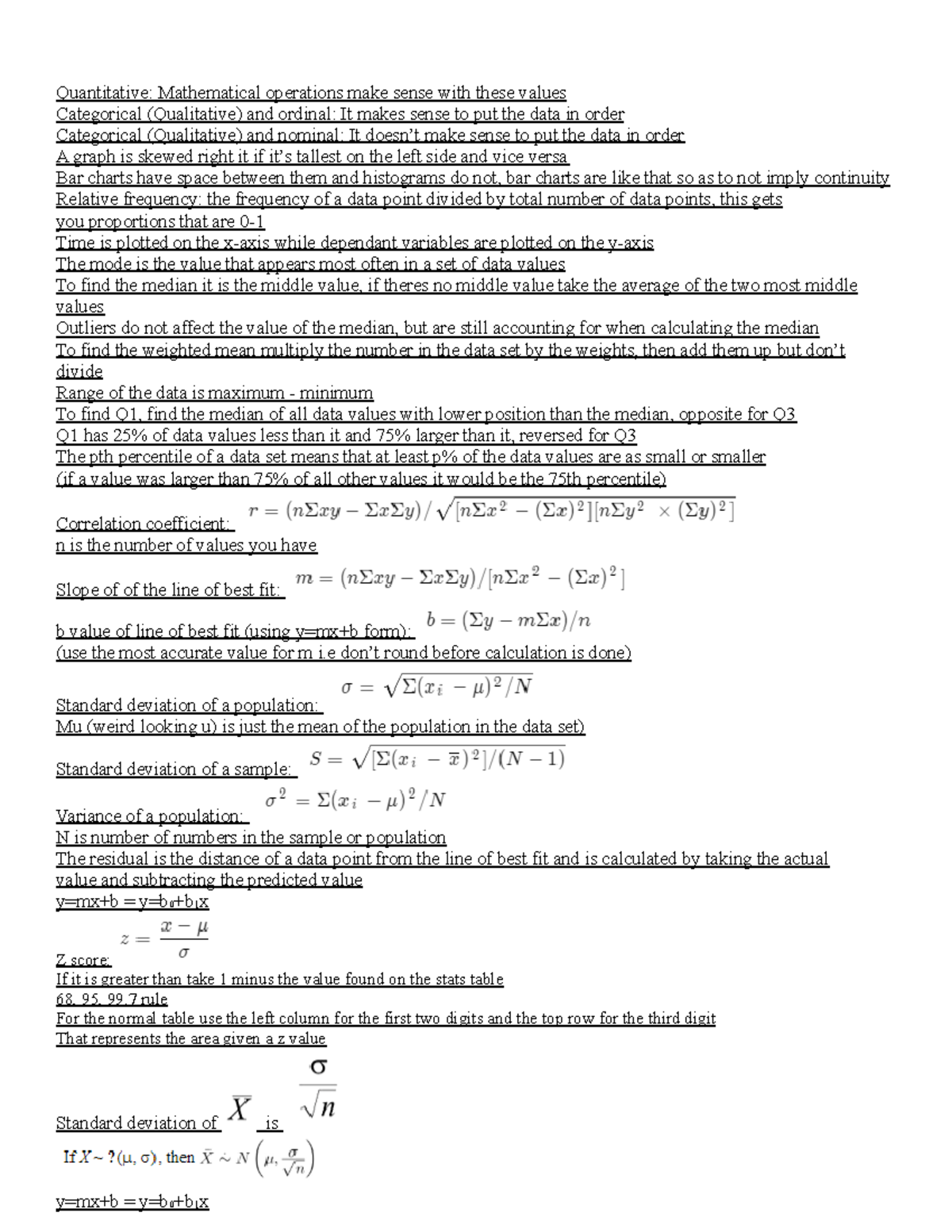 Stats cheat sheet - Quantitative: Mathematical operations make sense ...