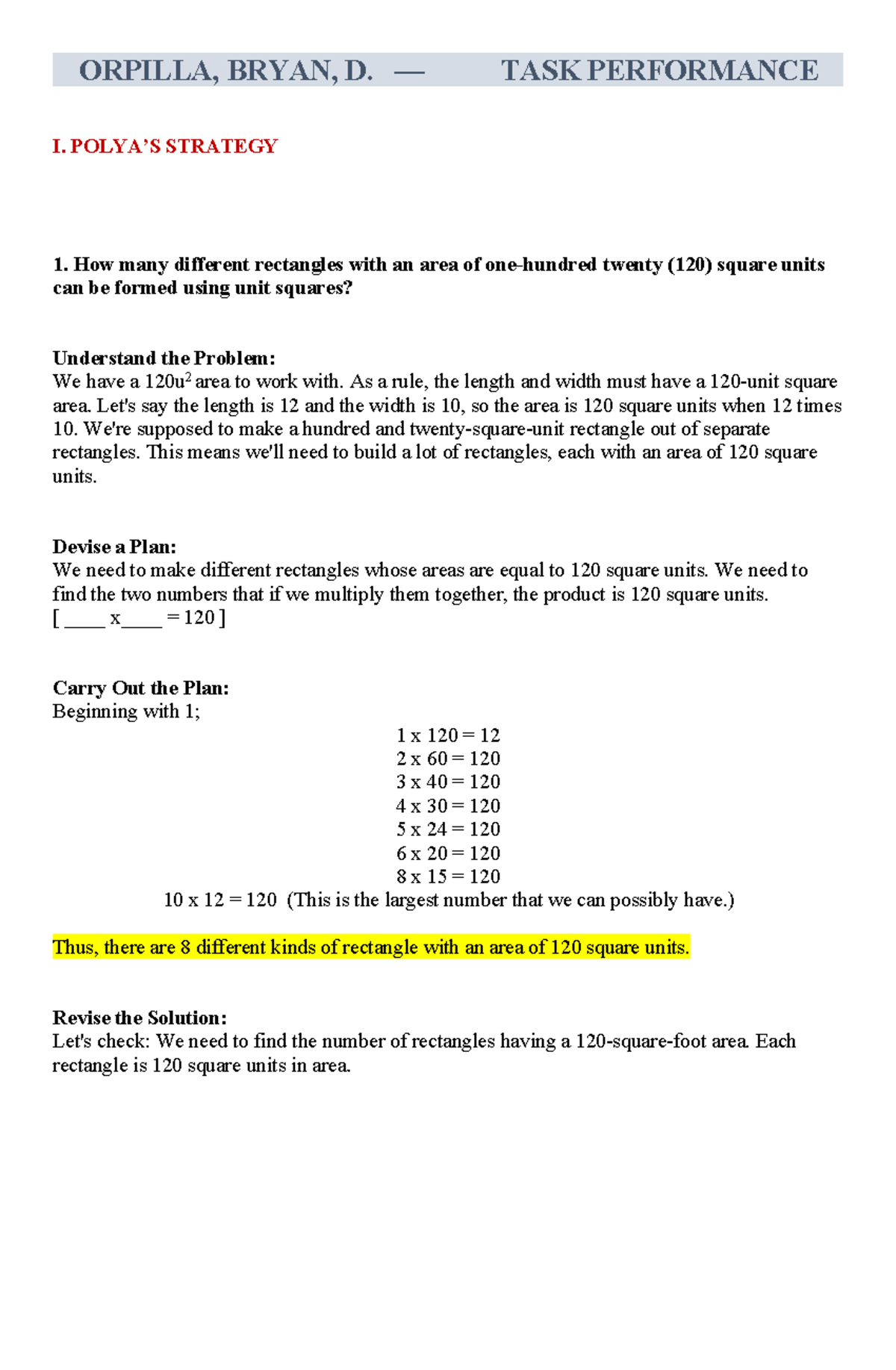 Polya kenken performance task - ORPILLA, BRYAN, D. — TASK PERFORMANCE I ...