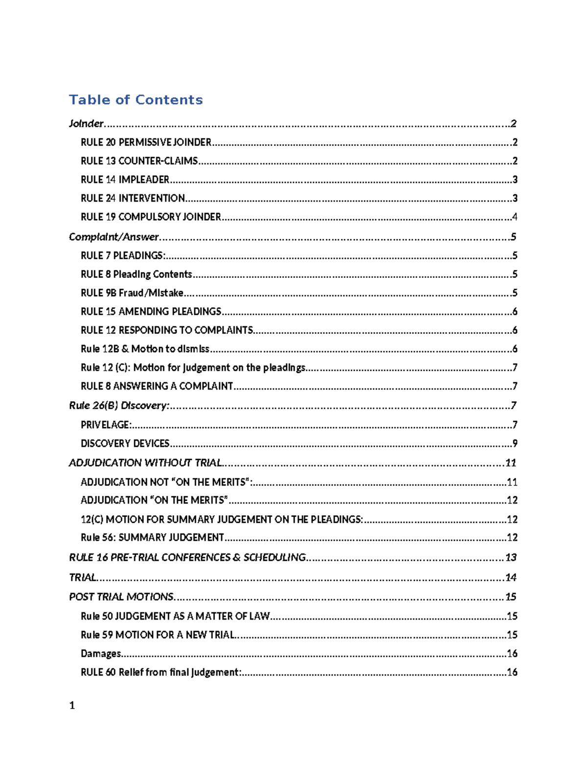 Civil Procedure II Outline W:table - Table of Contents - Studocu