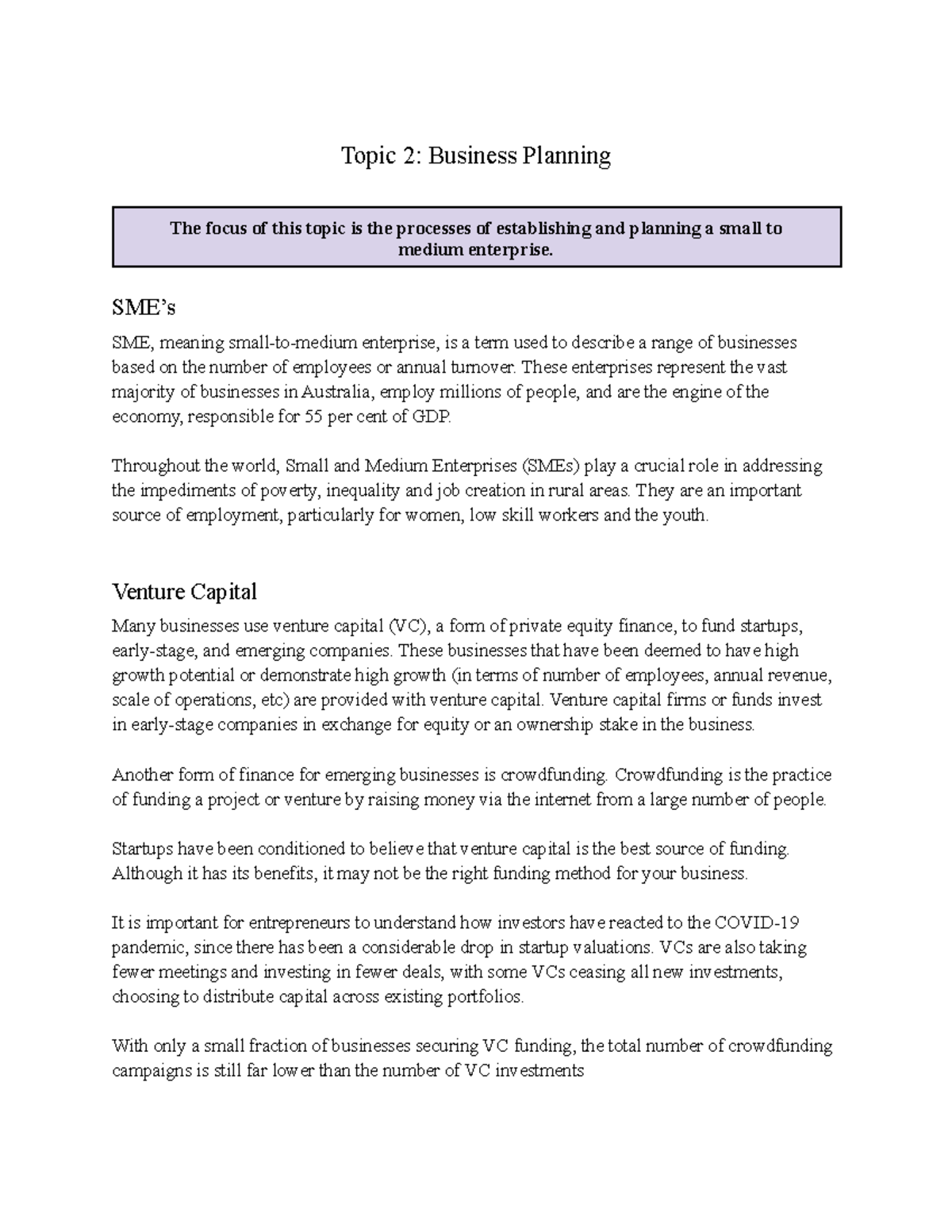 Topic 2 Business Planning - Topic 2: Business Planning The focus of ...