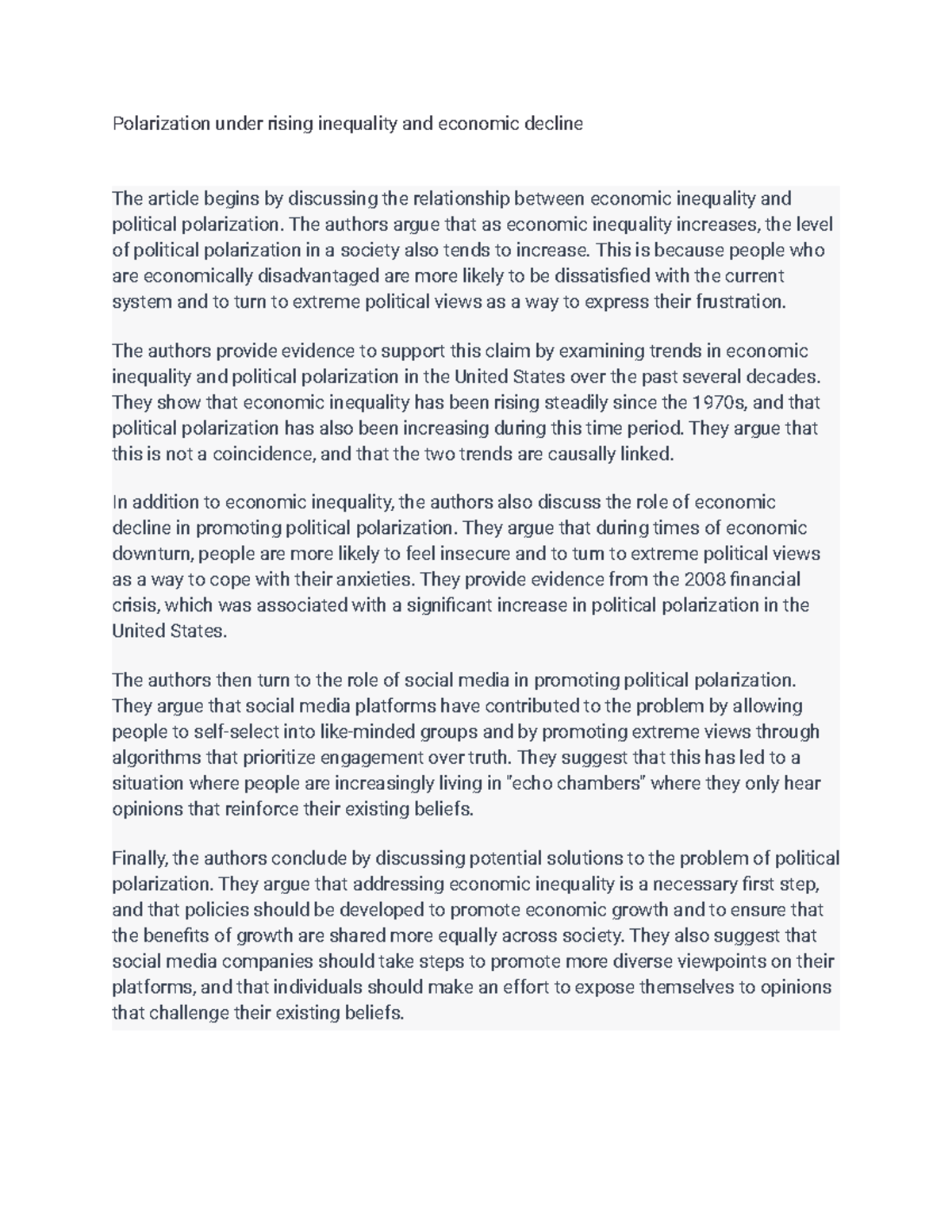 POSC 020 Week 10 - A summary of "Polarization under rising inequality ...