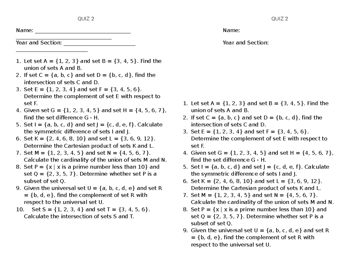 QUIZ 2 - Quiz for mathematics - QUIZ 2 QUIZ 2 Name ...