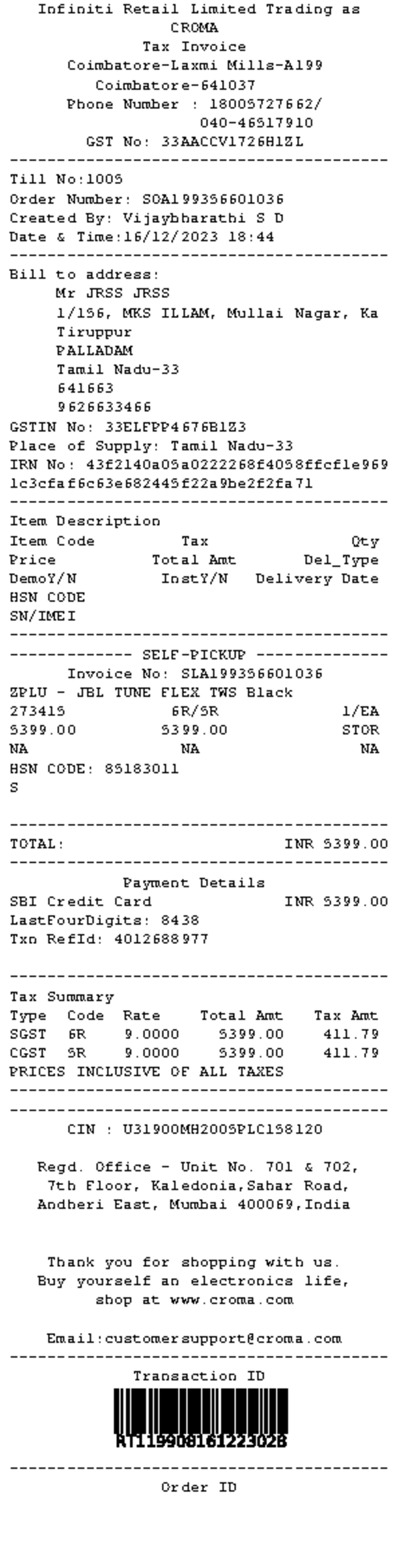 Invoice JBL earpods - Notes for practical - Infiniti Retail Limited ...