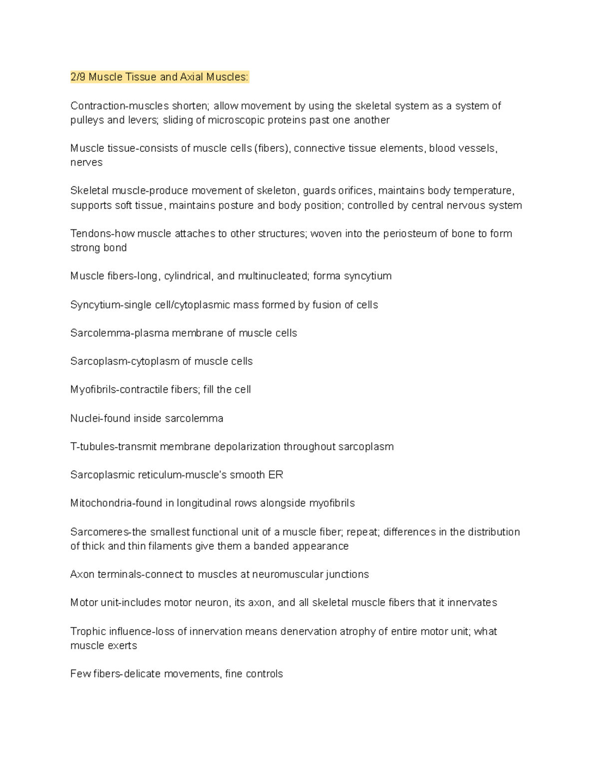 Anatomy Notes Exam 2 - 2/9 Muscle Tissue and Axial Muscles: Contraction ...