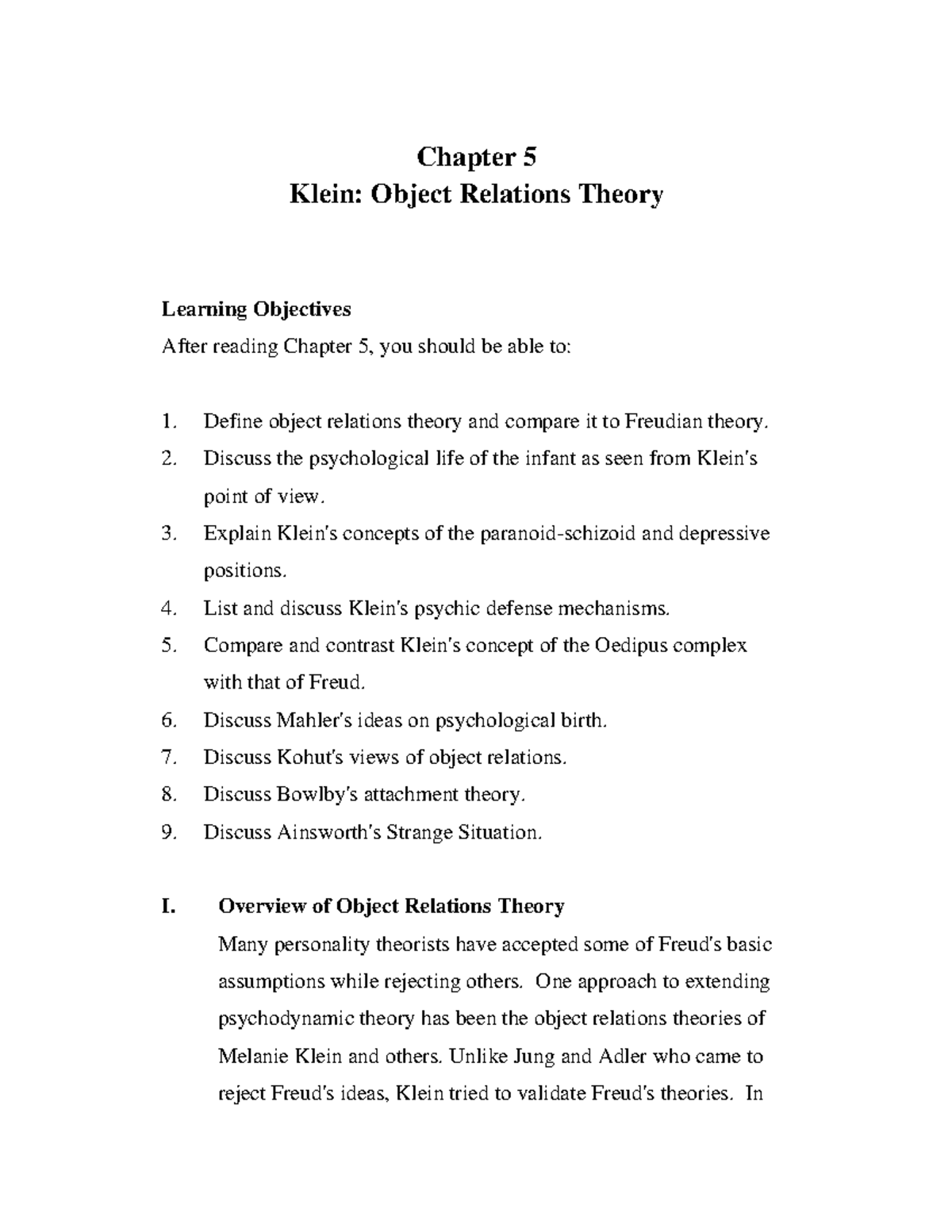 Chapter 5 - Klein Object Relations Theory - Chapter 5 Klein: Object Relations Theory Learning ...