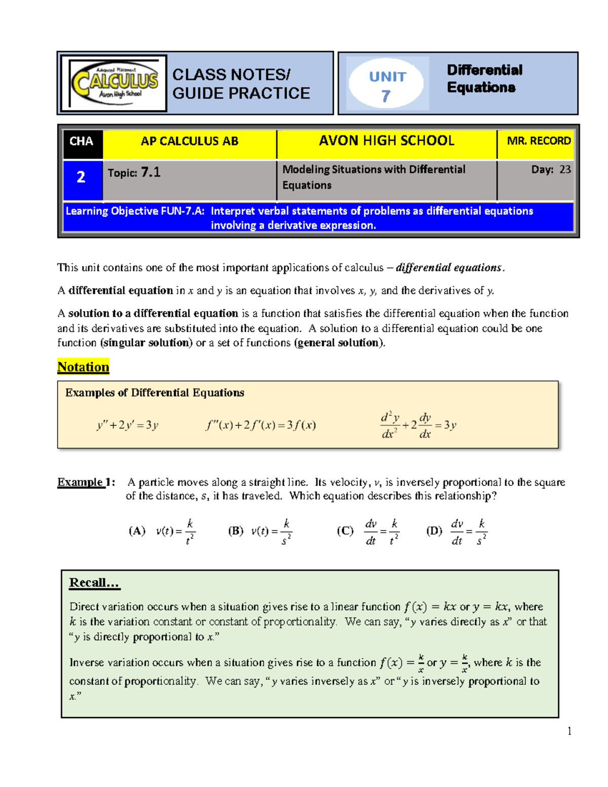 APCalculus Unit 7Guided Practice Lecture Notes PDF-1 - This unit ...