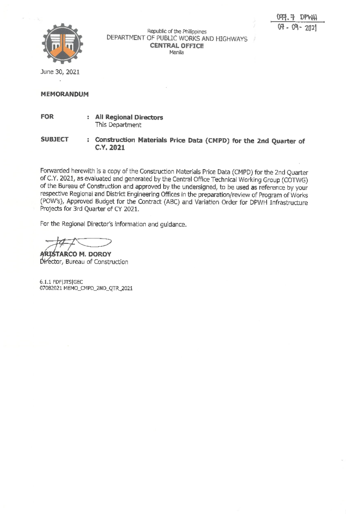 Memo 097.7 063021 Construction Materials Price Data CMPD 2nd Quarter CY ...
