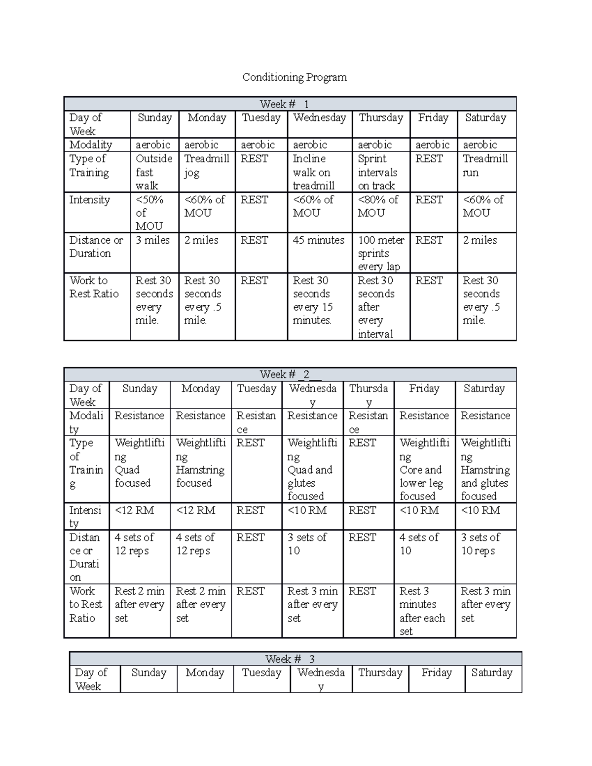Conditioning Program - home - Conditioning Program Week # 1_ Day of ...