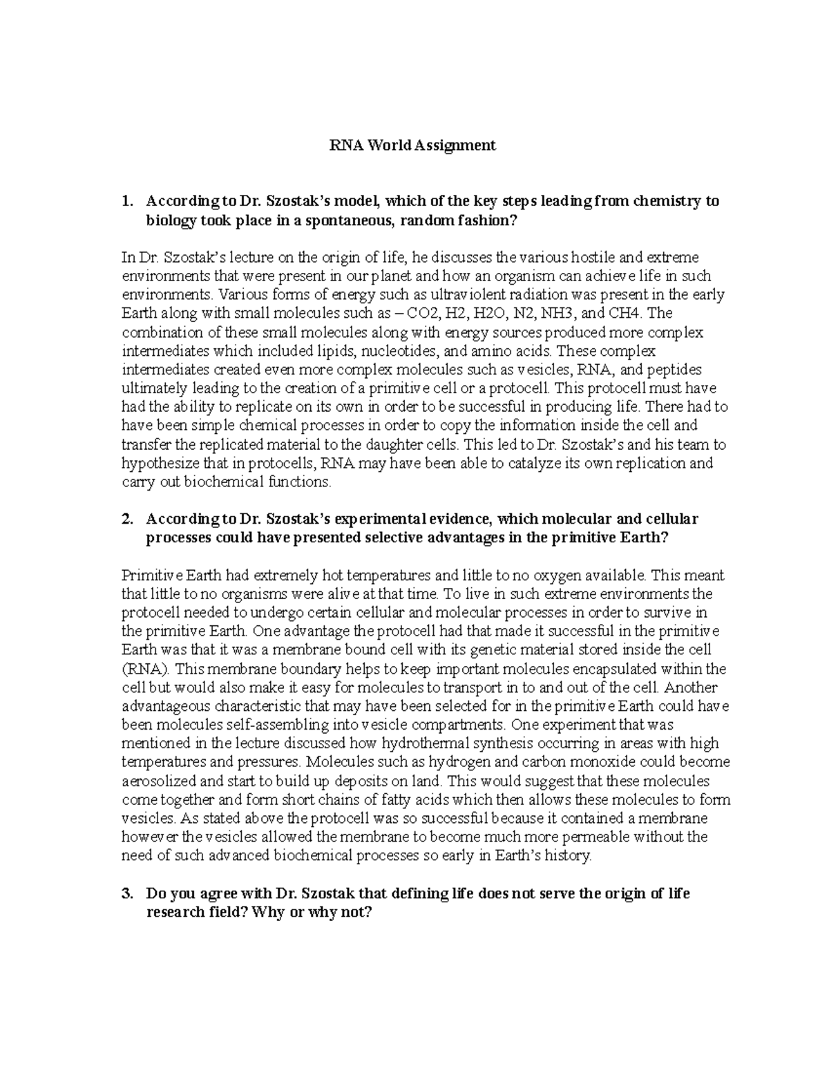 RNA World Assignment - RNA World Assignment According to Dr. Szostak’s ...