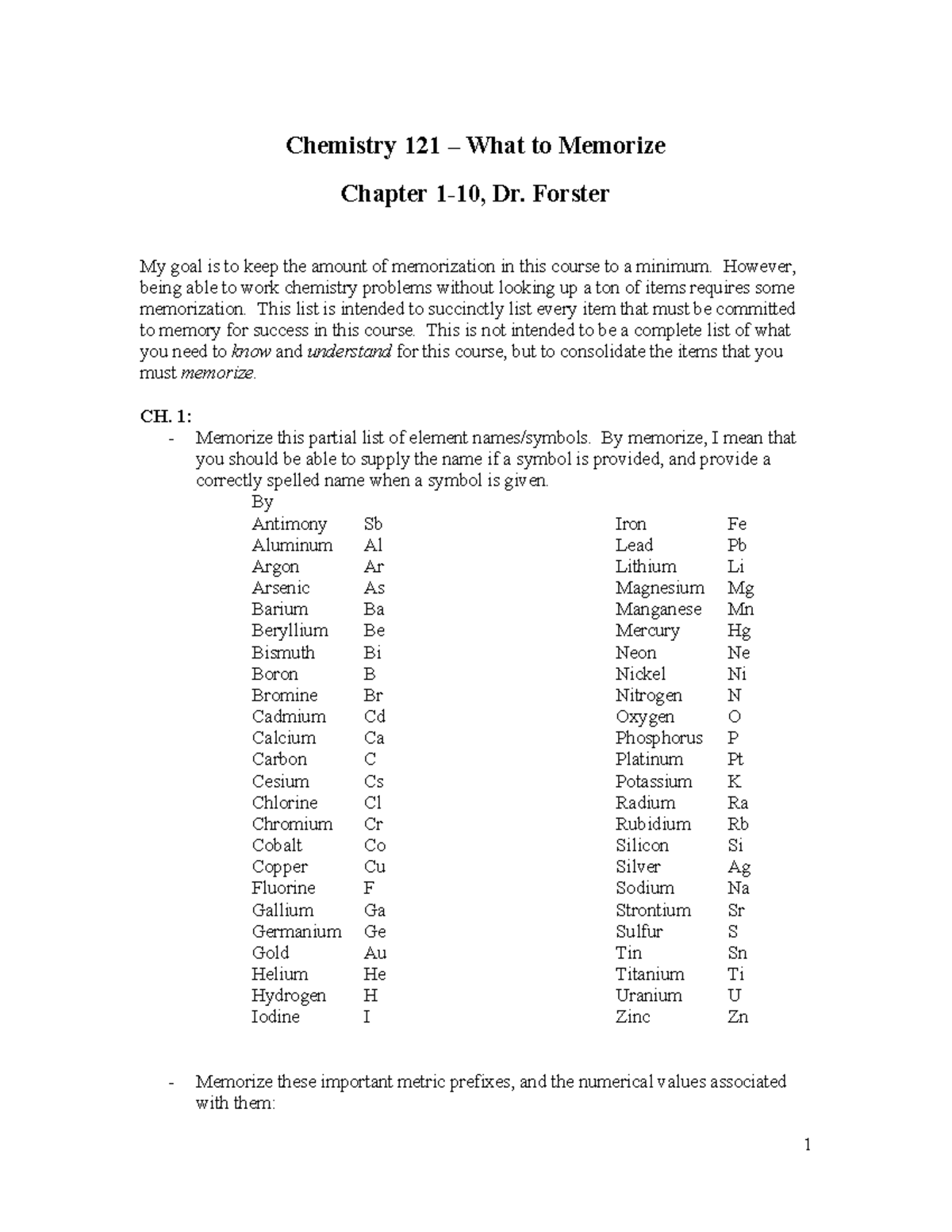 Chemistry 121 What to memorize-Spr22-CH1-10 - CHEM 121 - UNLV - Studocu