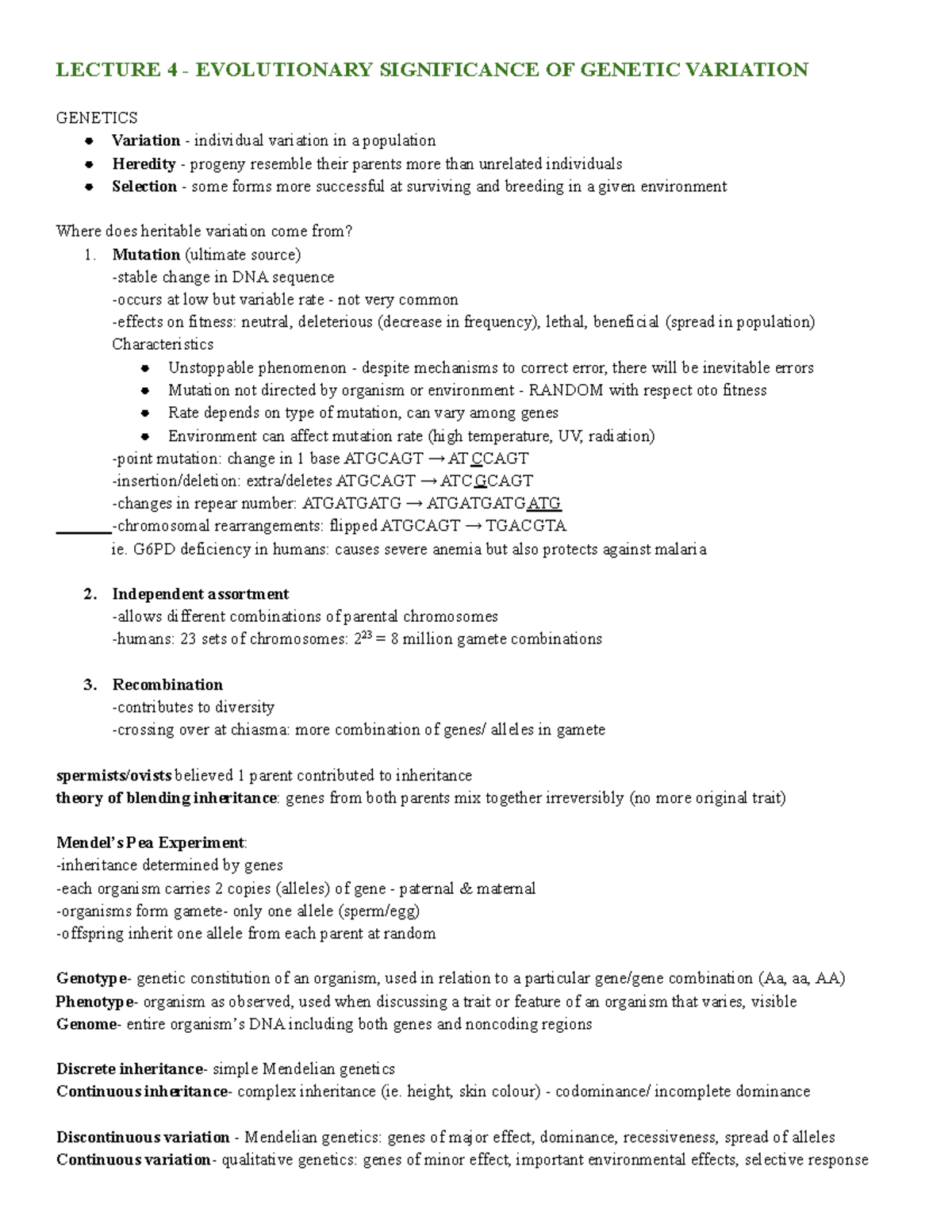 BIO120 Lecture 4 - LECTURE 4 - EVOLUTIONARY SIGNIFICANCE OF GENETIC ...