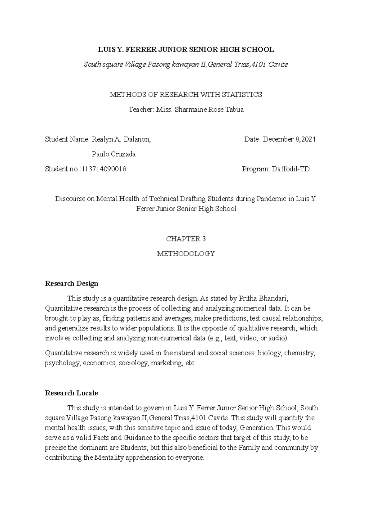 Research Design AND Instrument Output 1 - LUIS Y. FERRER JUNIOR SENIOR ...