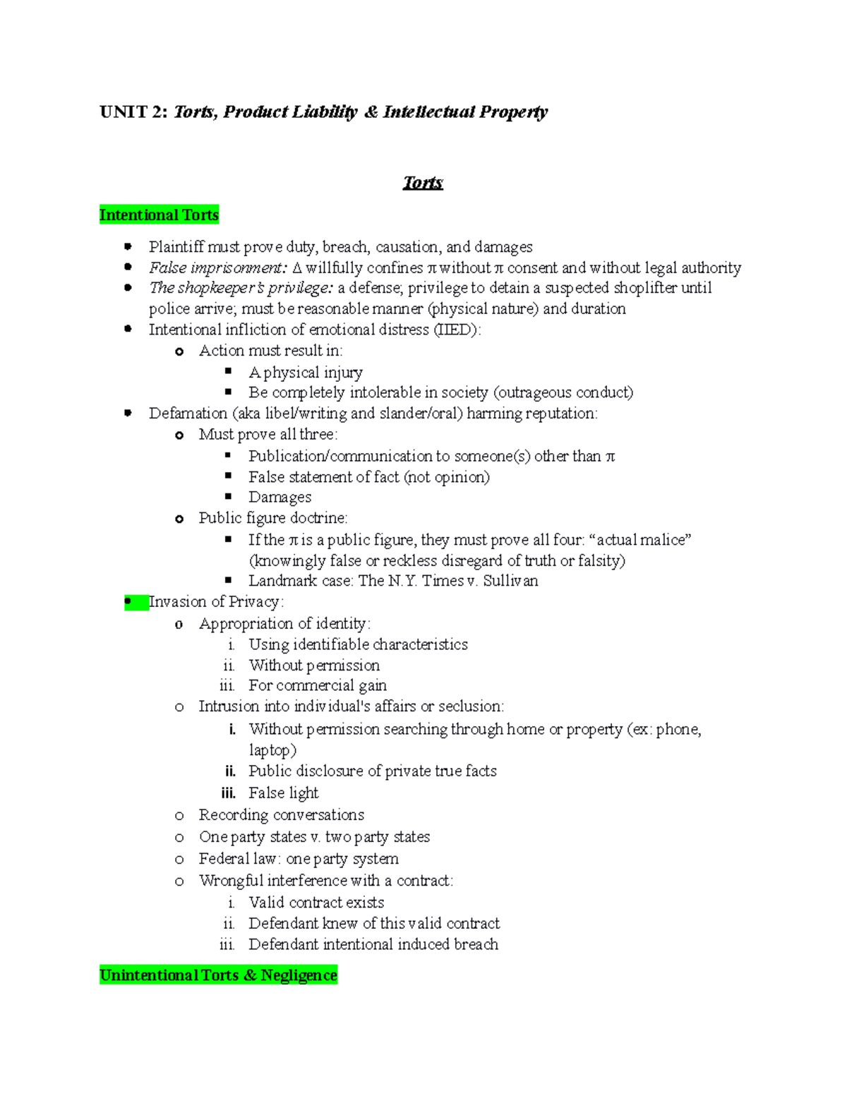 BLAW 2013 H Unit 2 - Kim Petrone - UNIT 2: Torts, Product Liability ...