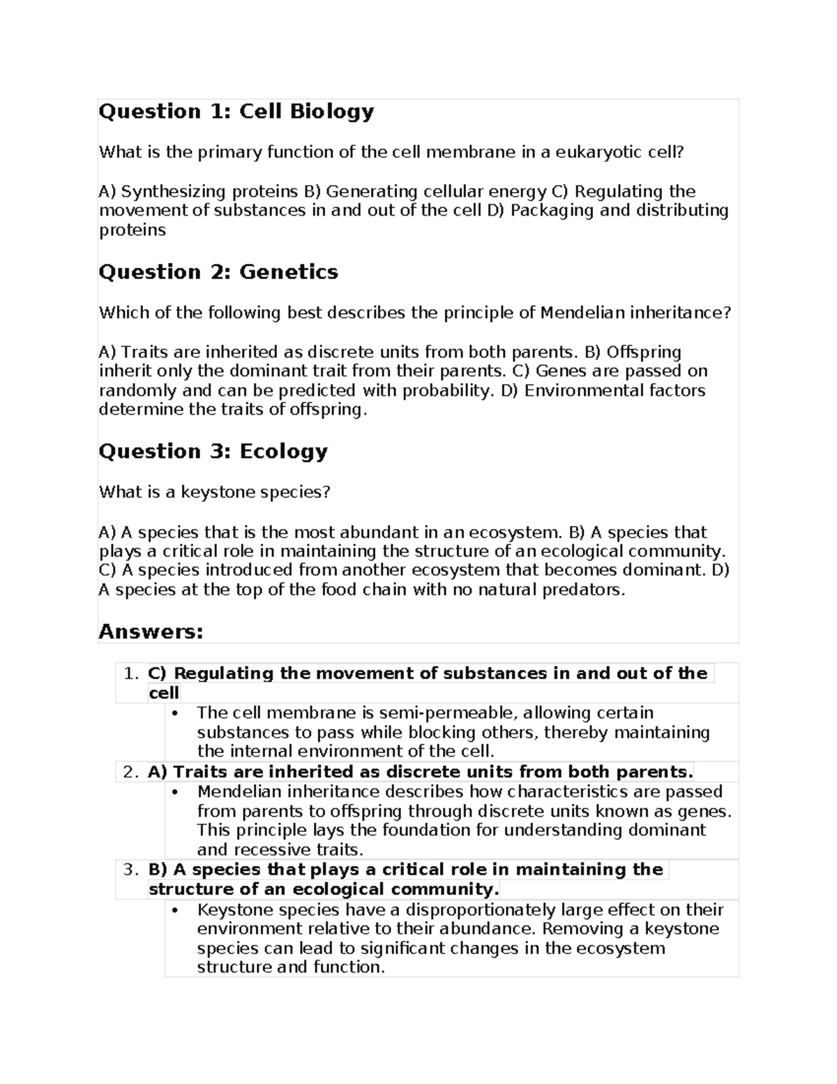 Biology quiz 1 - Question 1: Cell Biology What is the primary function ...