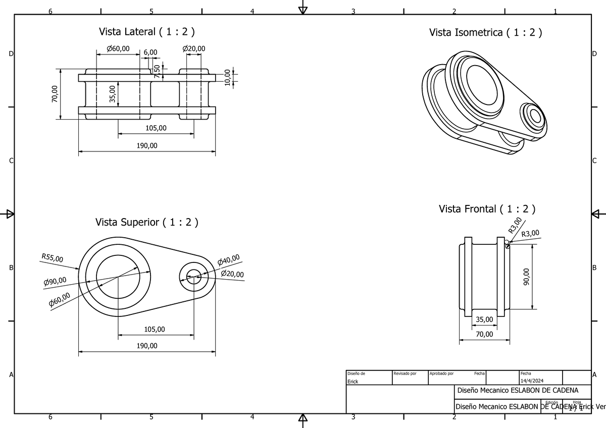 Diseño Mecanico Eslabon DE Cadena Erick Vento - Vista Superior ( 1 : 2 ...