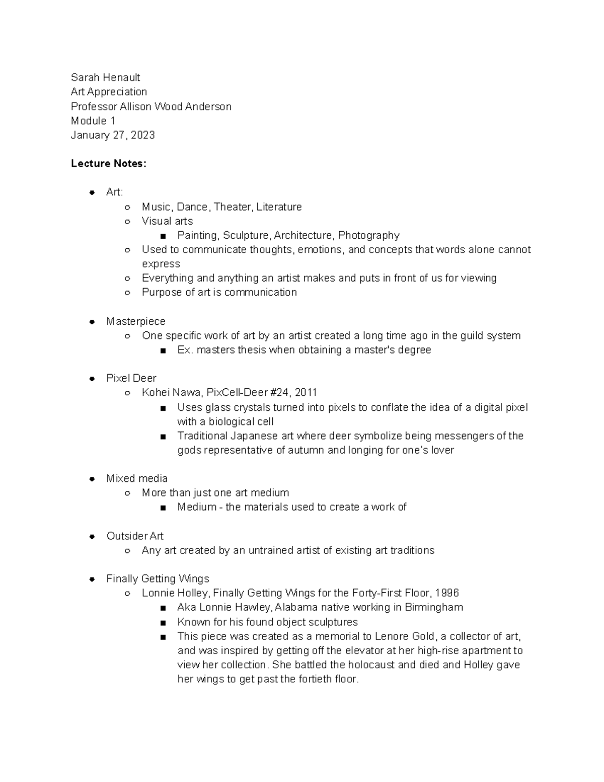 Sarah Henault - Art Appreciation Module 1 Lecture Notes - ART 202 ...