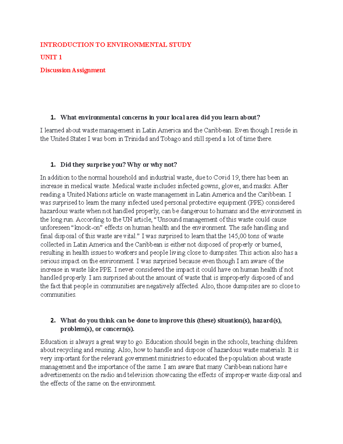 INTRODUCTION TO ENVIRONMENTAL STUDY UNIT 1 Discussion Assignment - ENVS ...