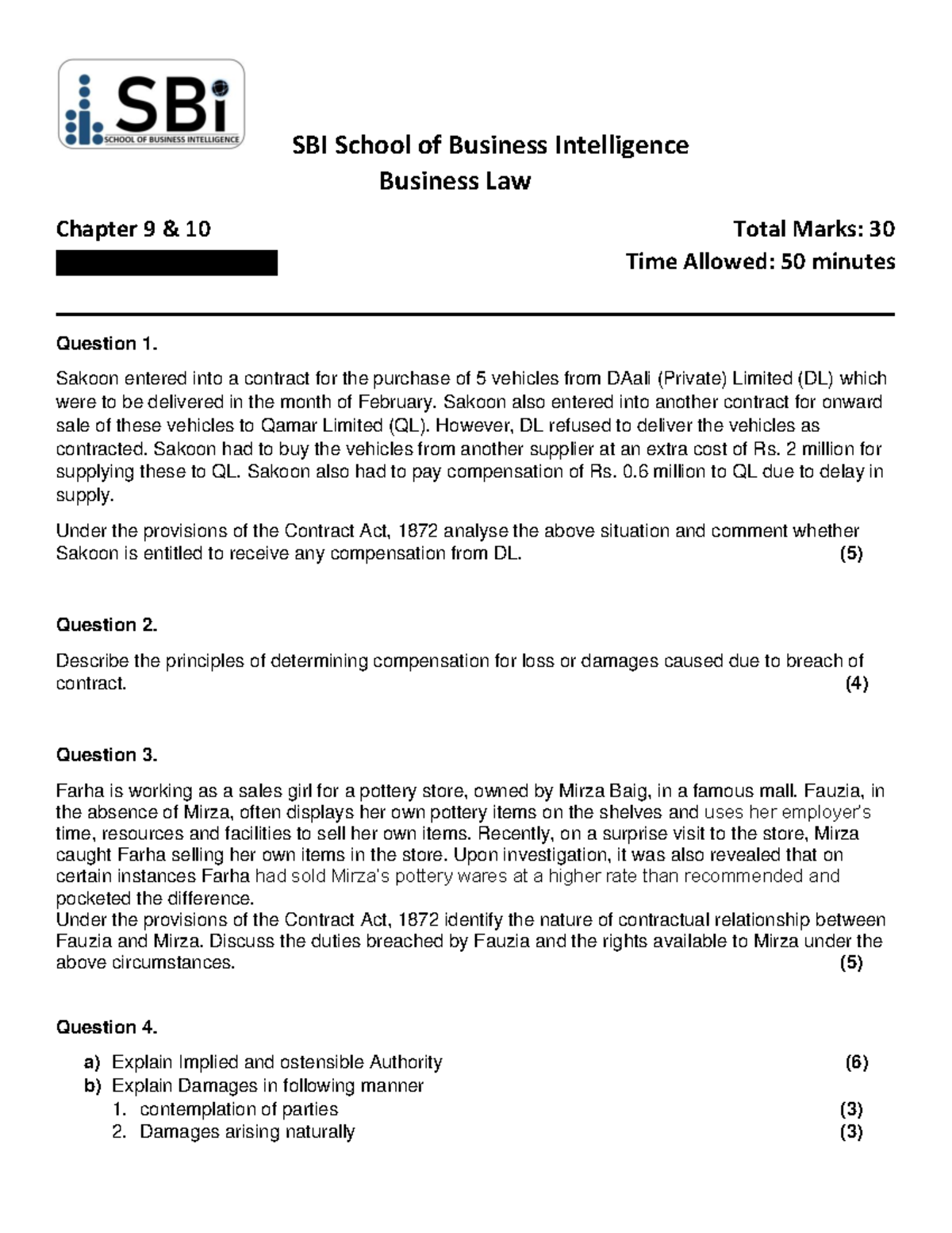 Test 5 QP - notes - SBI School of Business Intelligence Business Law ...