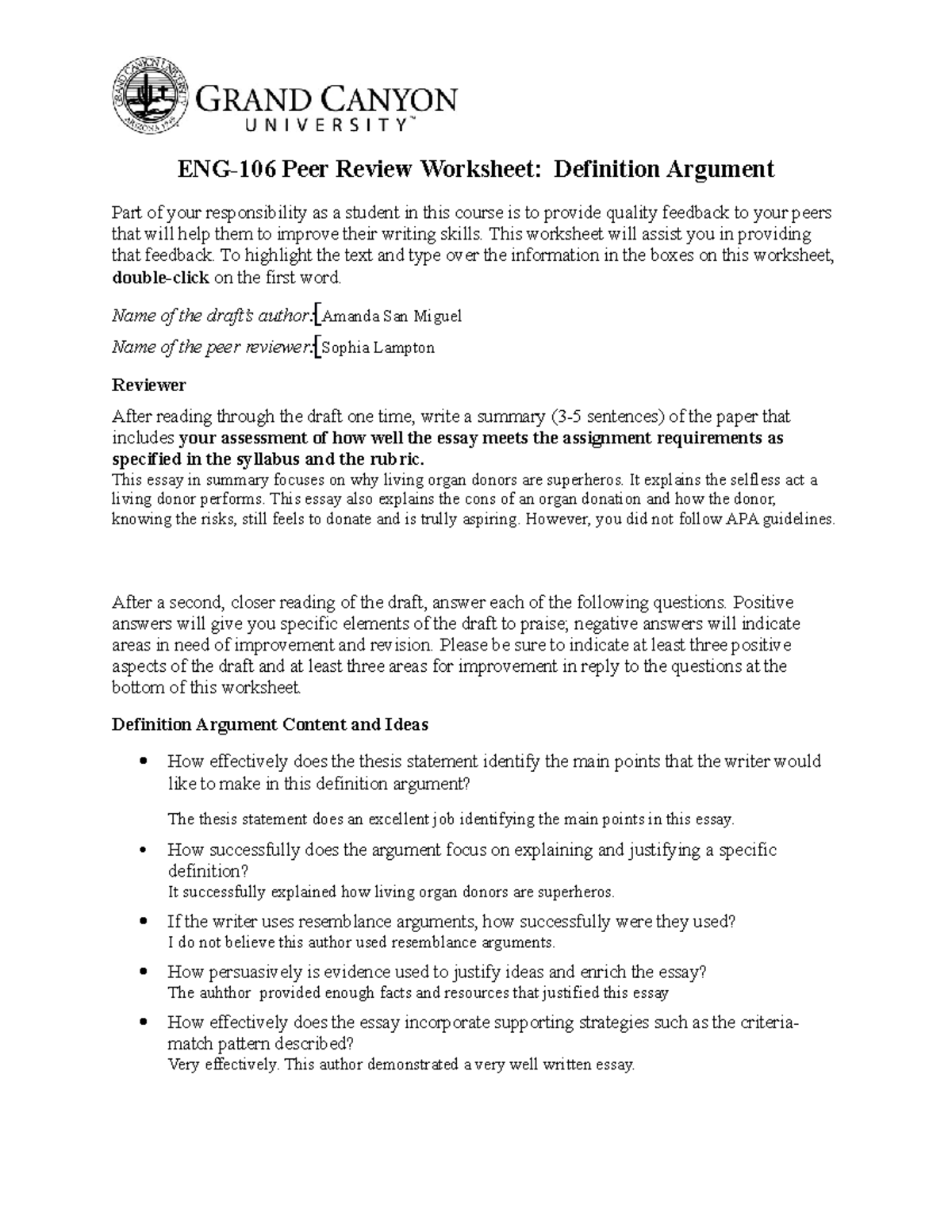 Peer Review Worksheet - This worksheet will assist you in providing ...