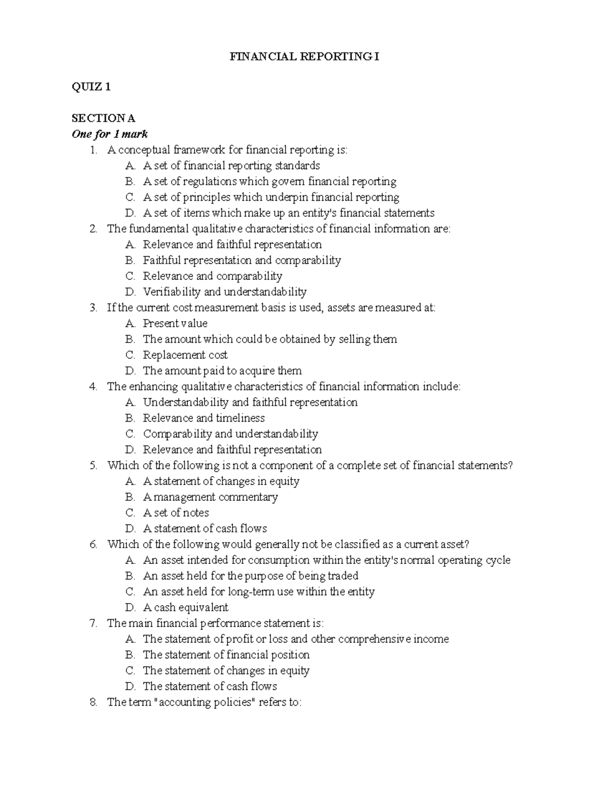 Financial Reporting I Quiz Questions - FINANCIAL REPORTING I QUIZ 1 ...