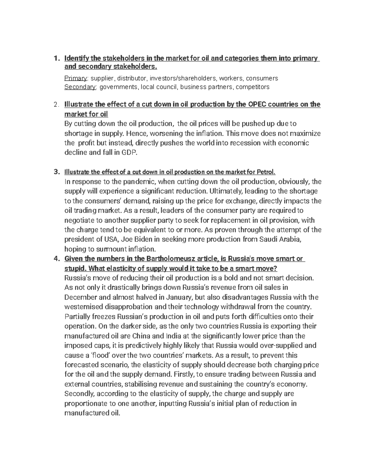 Comm1100 - Case Study The market of Oil - 1. Identify the stakeholders ...