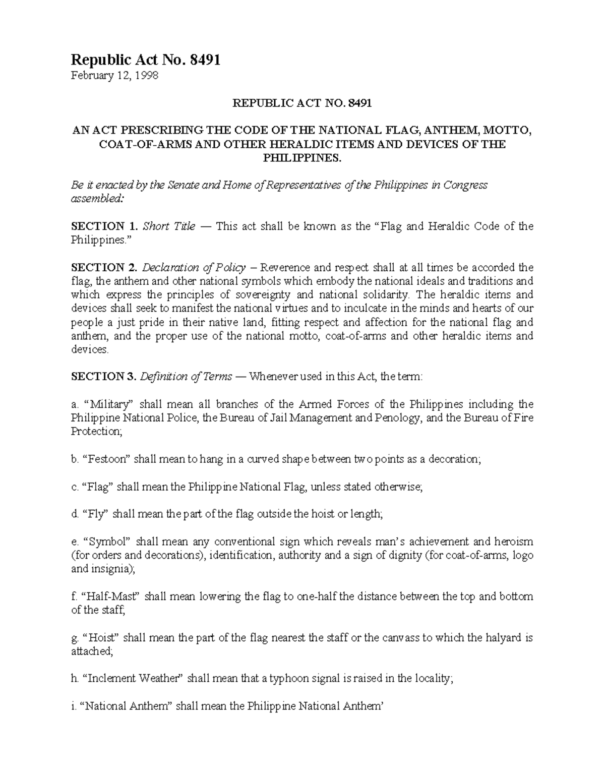 RA no. 8491 heraldic act - Republic Act No. 8491 February 12, 1998 ...