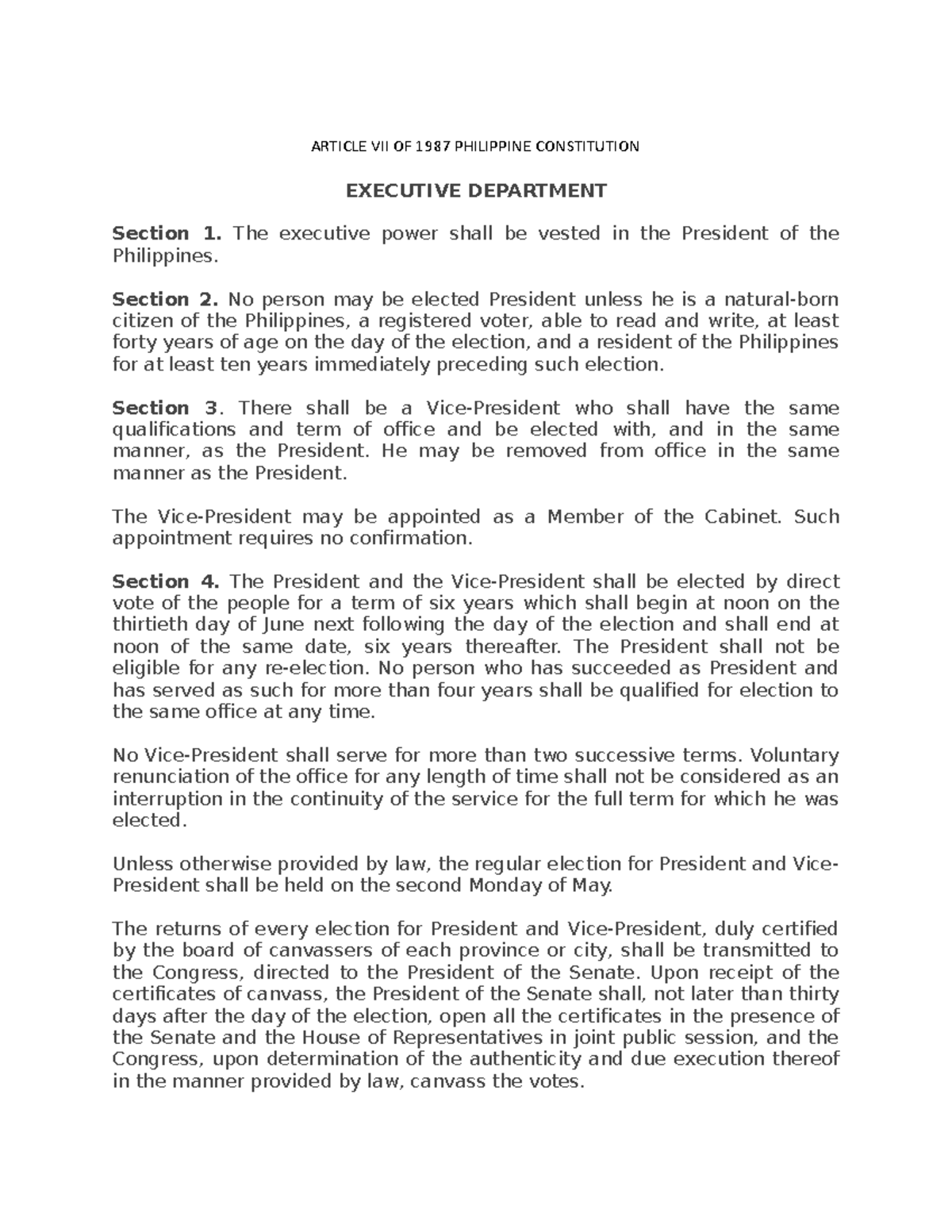 Article VII of 1987 Philippine constitution - ARTICLE VII OF 1987 ...