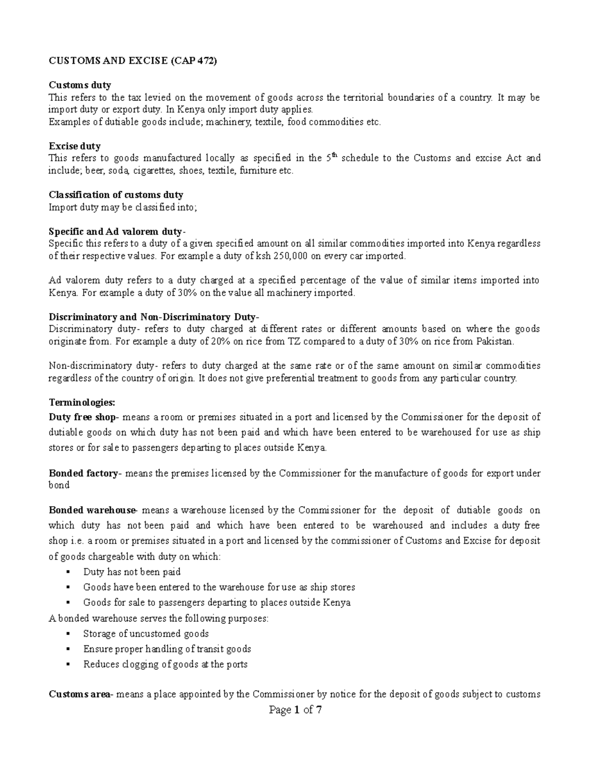 Customs AND Excise - Simplified notes - CUSTOMS AND EXCISE (CAP 472 ...