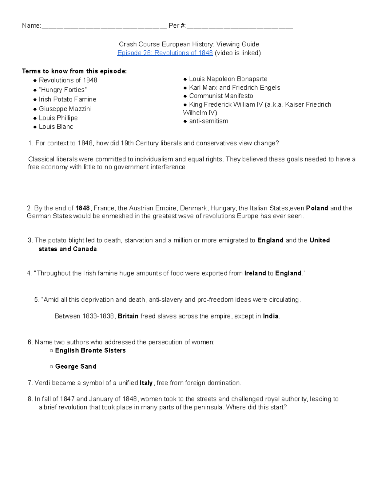 Copy of CC Euro #26 Revolutions of 1848 Viewing Guide - Name