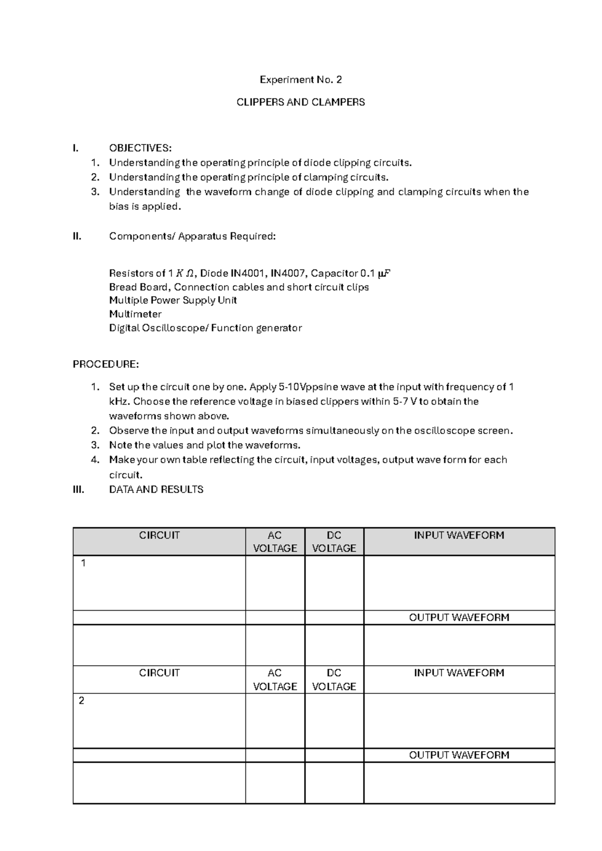 Experiment-No-2 - EXPERIMENT - Experiment No. 2 CLIPPERS AND CLAMPERS I ...
