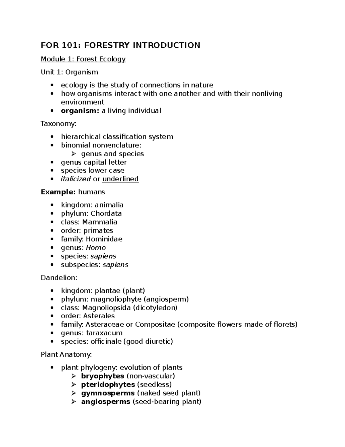 FOR 101 Mod 1 Unit 1 - Lecture notes from Forestry 101 Introduction ...
