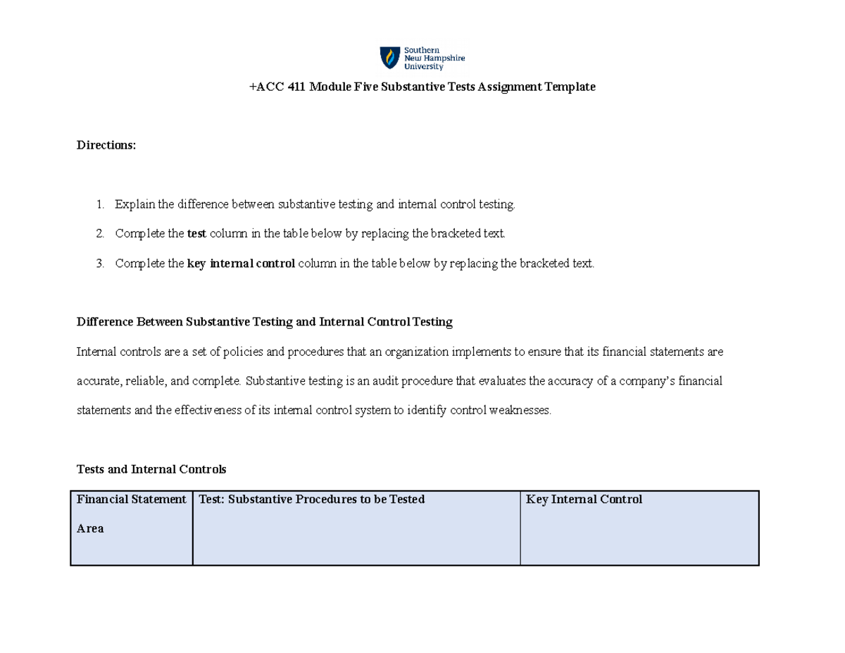 ACC 411 Module Five Substantive Tests Assignment Template - Complete ...