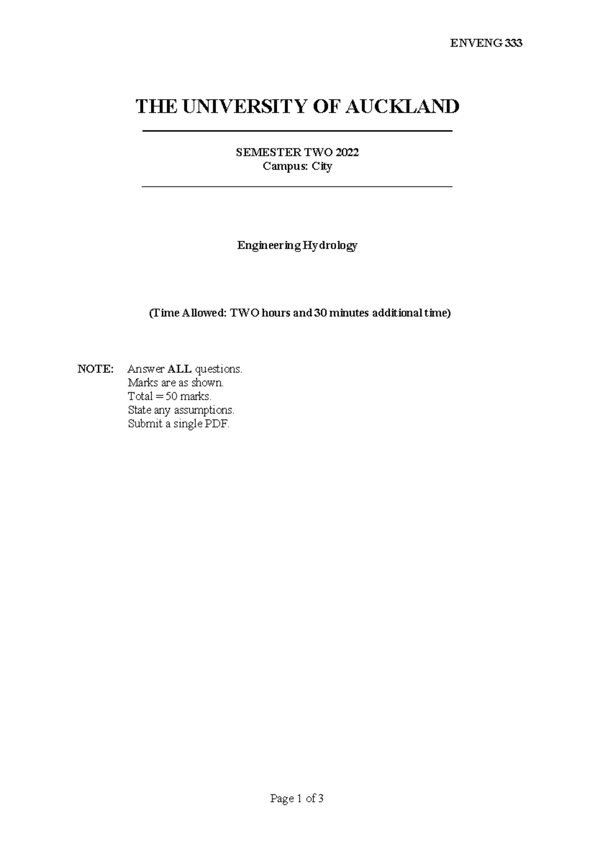 Enveng 333 S2 2022 - Exam - Engineering Hydrology - AucklandUni - Studocu