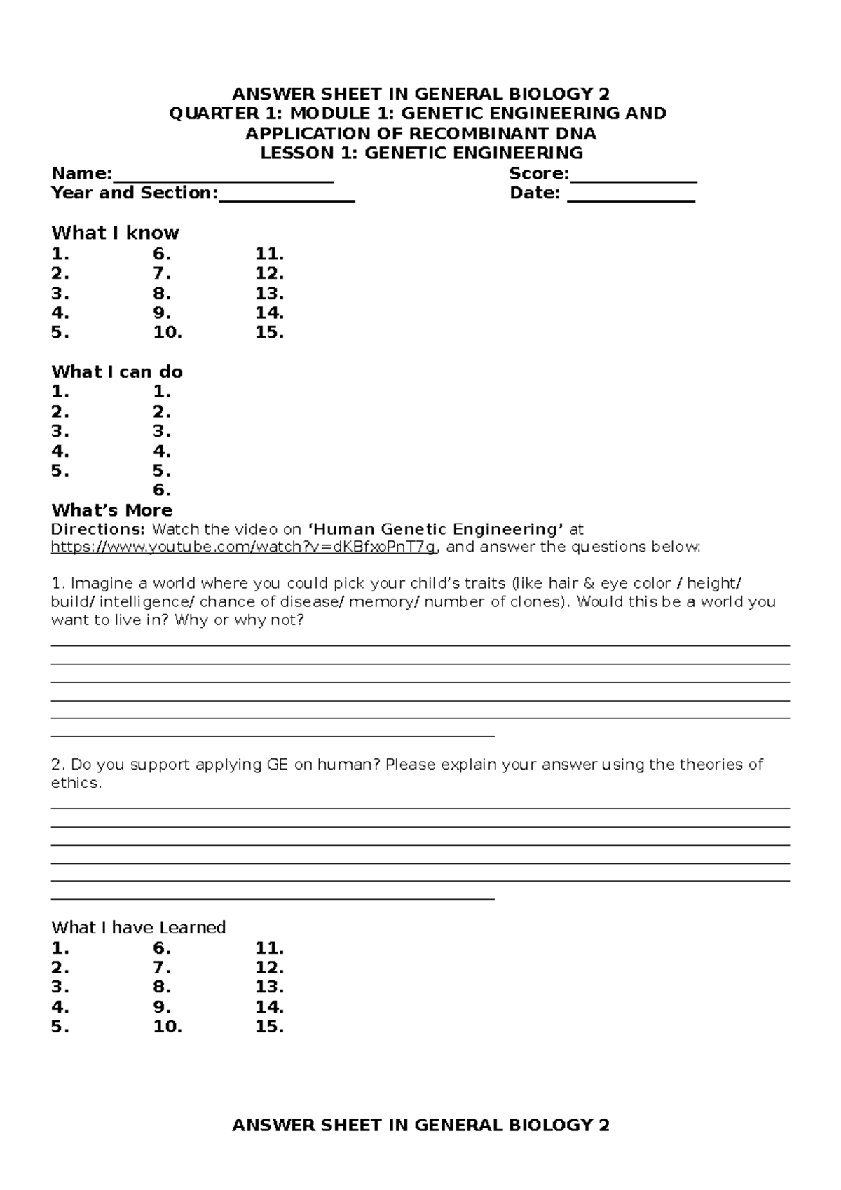Answer Sheet IN GEN BIO 2 Q1 - ANSWER SHEET IN GENERAL BIOLOGY 2 ...
