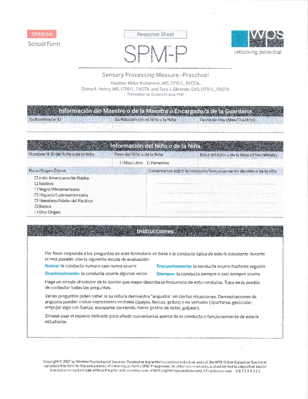SPM Escolar 2-5 - Pauta de evaluación para niños - School Form IW§ SPM ...