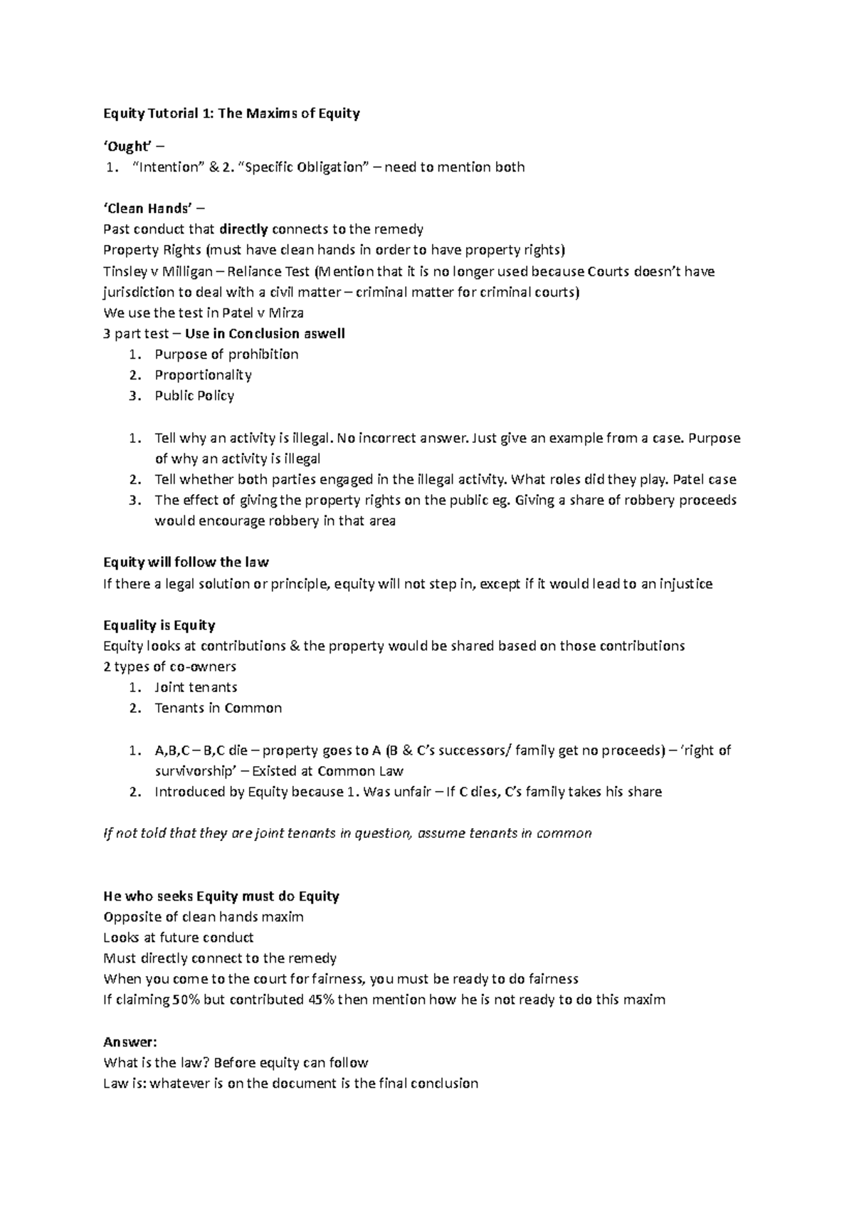 Tutorial 1 Asnwer - Equity Tutorial 1: The Maxims of Equity ‘Ought’ – 1 ...