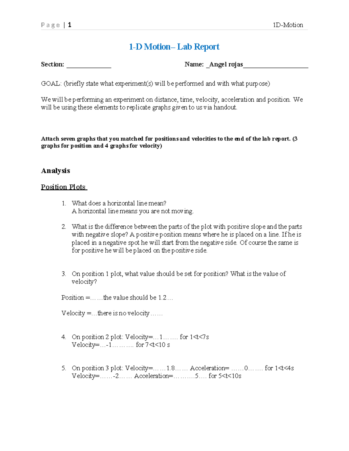 01 1D Motion Labreport Spring 2024 online - 1-D Motion– Lab Report Section: _____________ Name ...