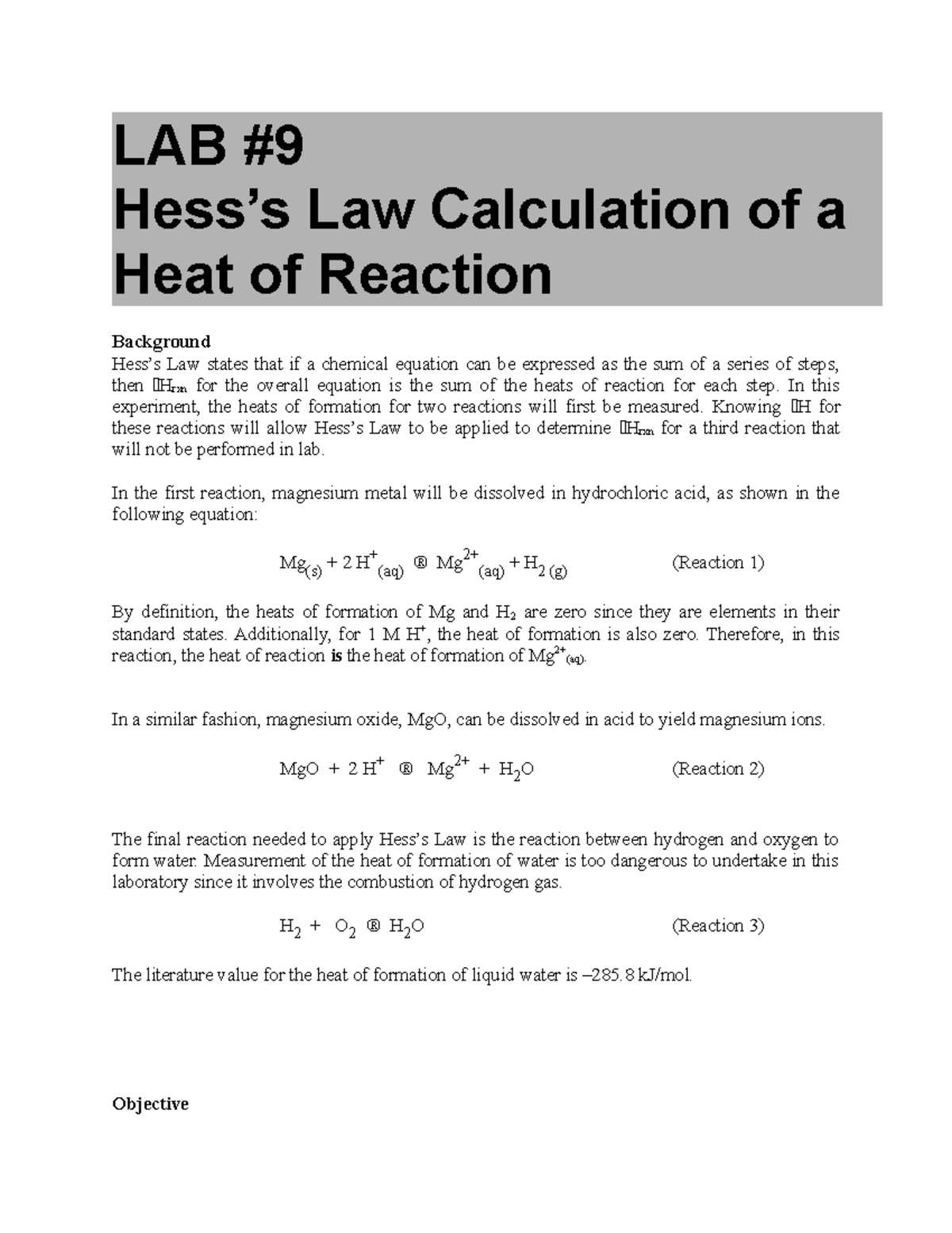 Exp. 9 Hess's law - Ghj - LAB Hess’s Law Calculation of a Heat of ...